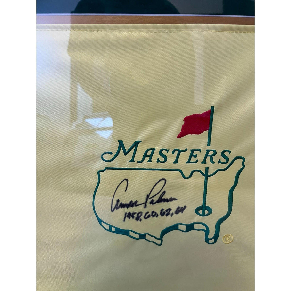 Arnold Palmer Masters pin flag framed 30x34 signed and inscribed with ...