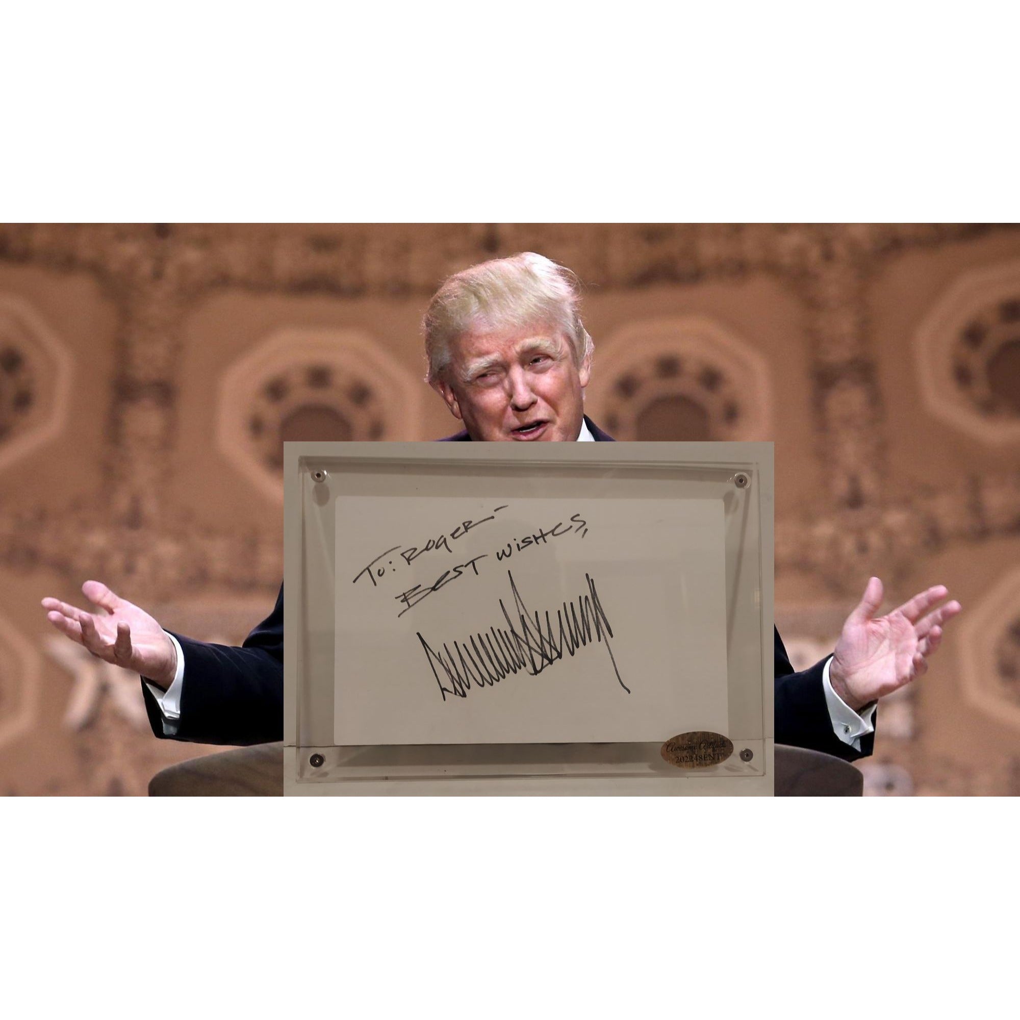 President Donald Trump note card signed with inscription and photo pro ...